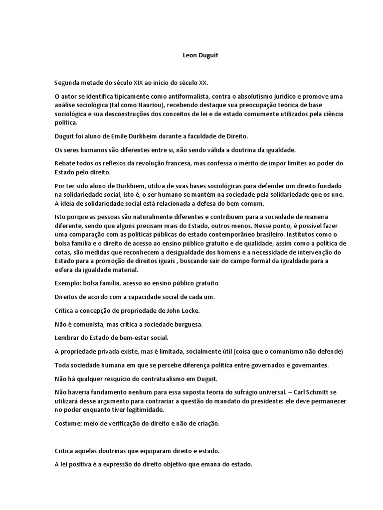 Leon Duguit - Resumo e síntese | PDF | Estado | Sociologia