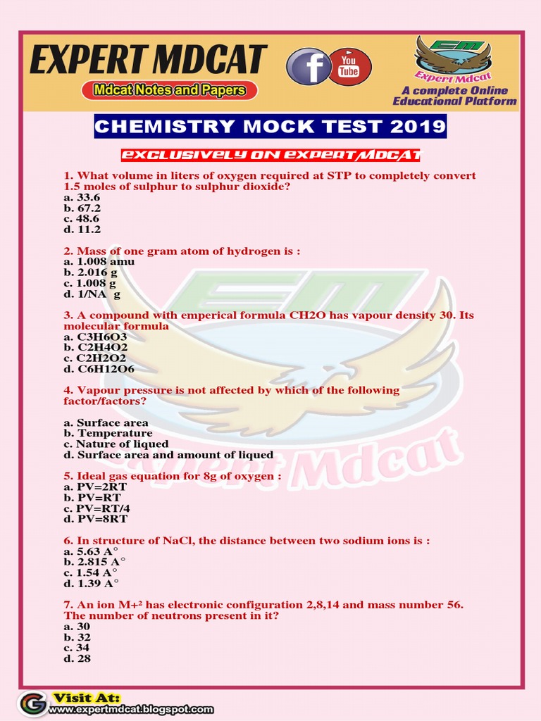 Chemistry Mock Test 2019: Exclusively On Expert Mdcat | PDF | Chemical ...