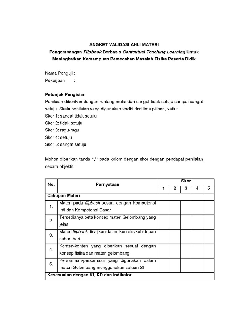 Angket Uji Validasi Ahli Materi | PDF