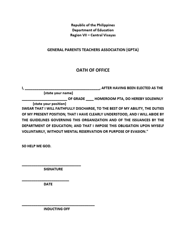 General Parents Teachers Association (Gpta) : Oath of Office | PDF ...