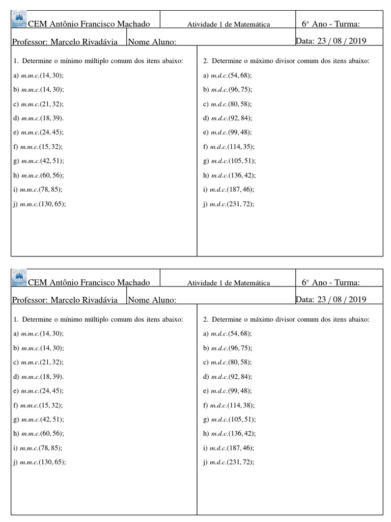 Atividade para Sexto Ano de MMC e MDC - Matematica | PDF | Aritmética ...