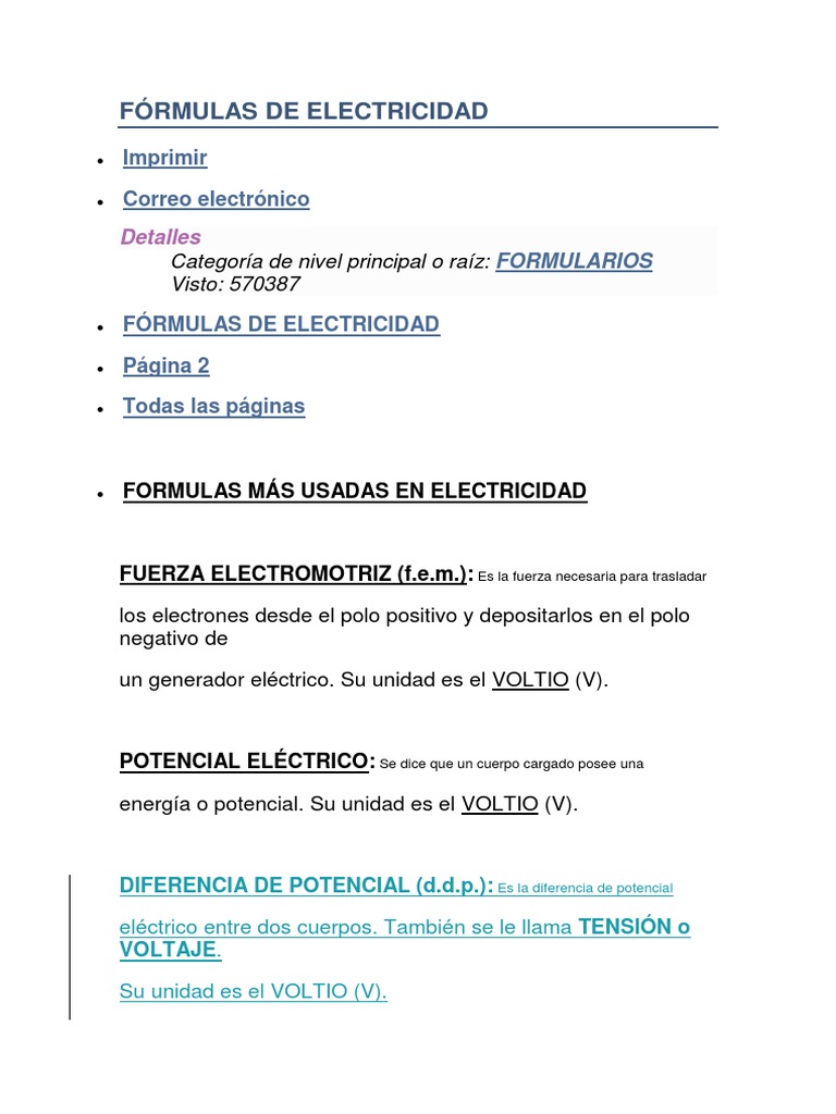 Fórmulas de Electricidad | PDF | Resistencia Eléctrica y Conductancia ...