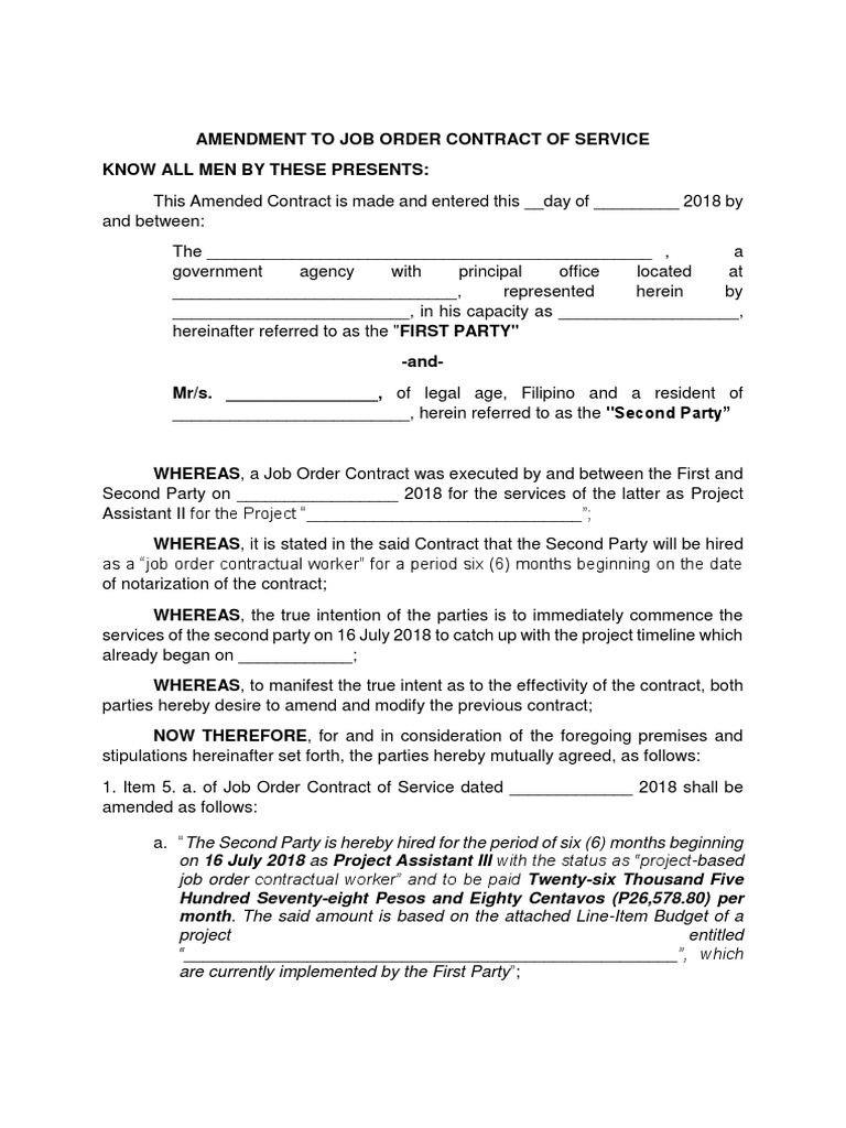 Amendment to Job Order Contract of Service | Government Information ...