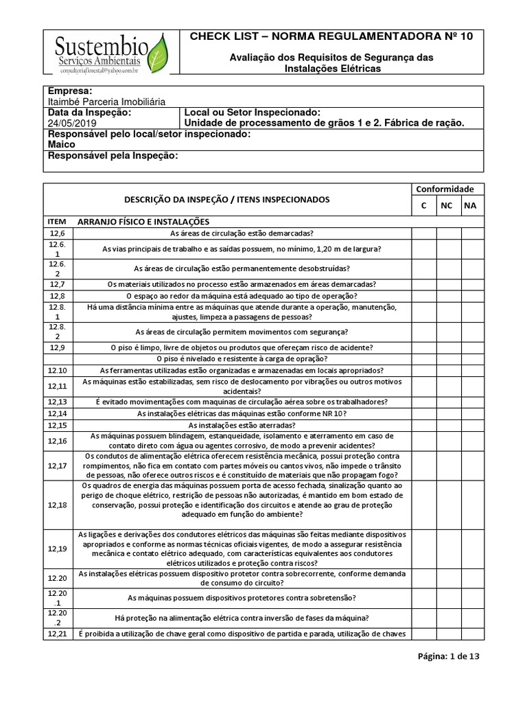 Checklist de Segurança NR 10 Elétrica | PDF | Fiação elétrica | Máquinas