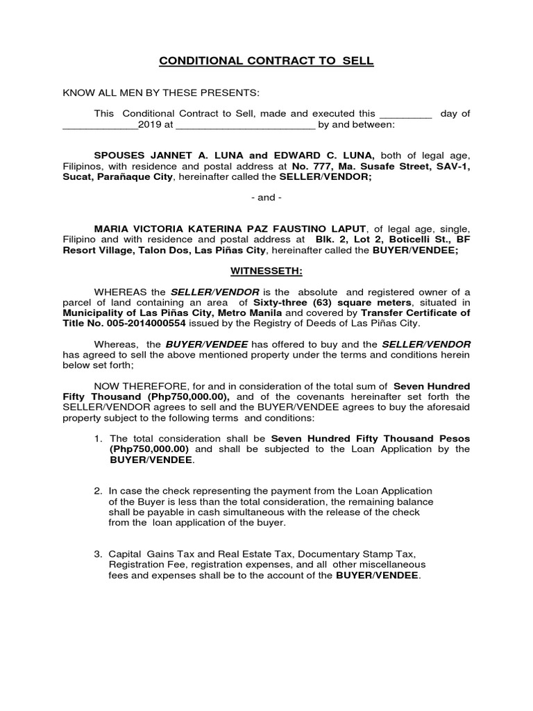 Conditional Contract to Sell Property | PDF | Notary Public | Law And ...