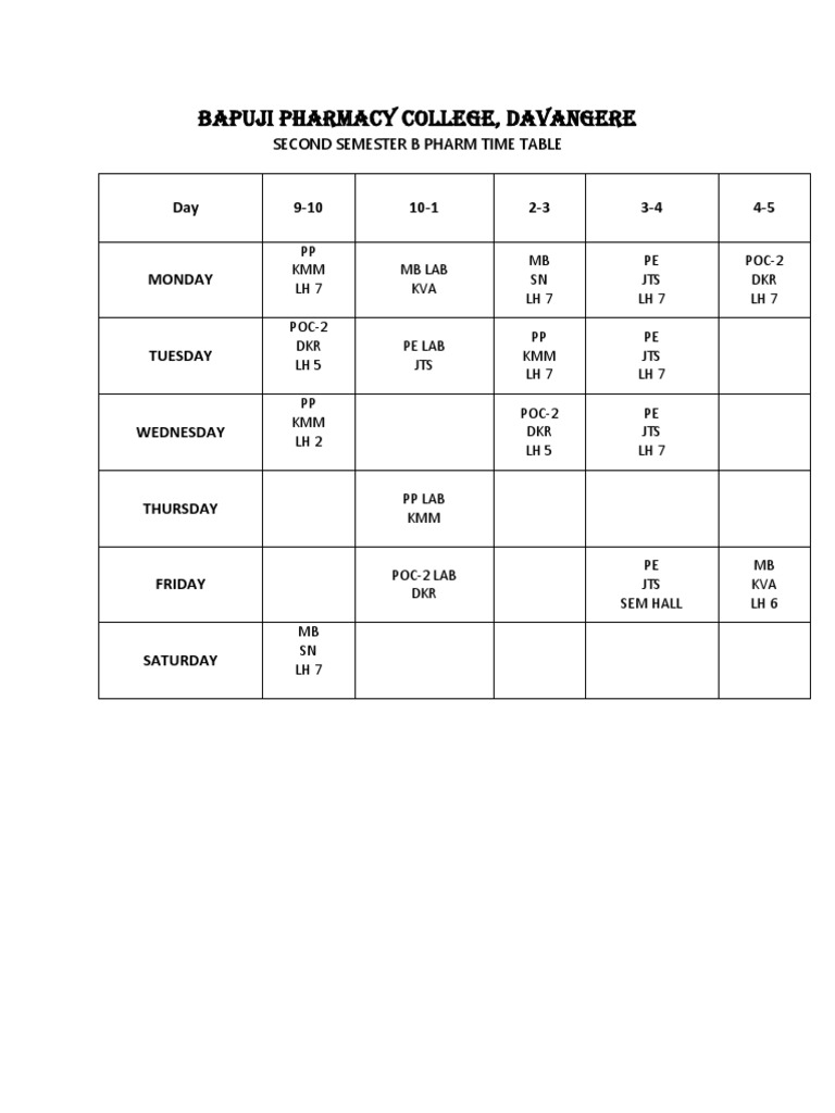 Bapuji Pharmacy College, Davangere: Second Semester B Pharm Time Table ...