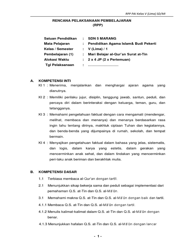 RPP PAI Kelas 5 Semester 1 K13 | PDF