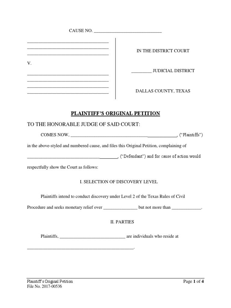 Blank Original Petition | PDF | Negligence | Damages