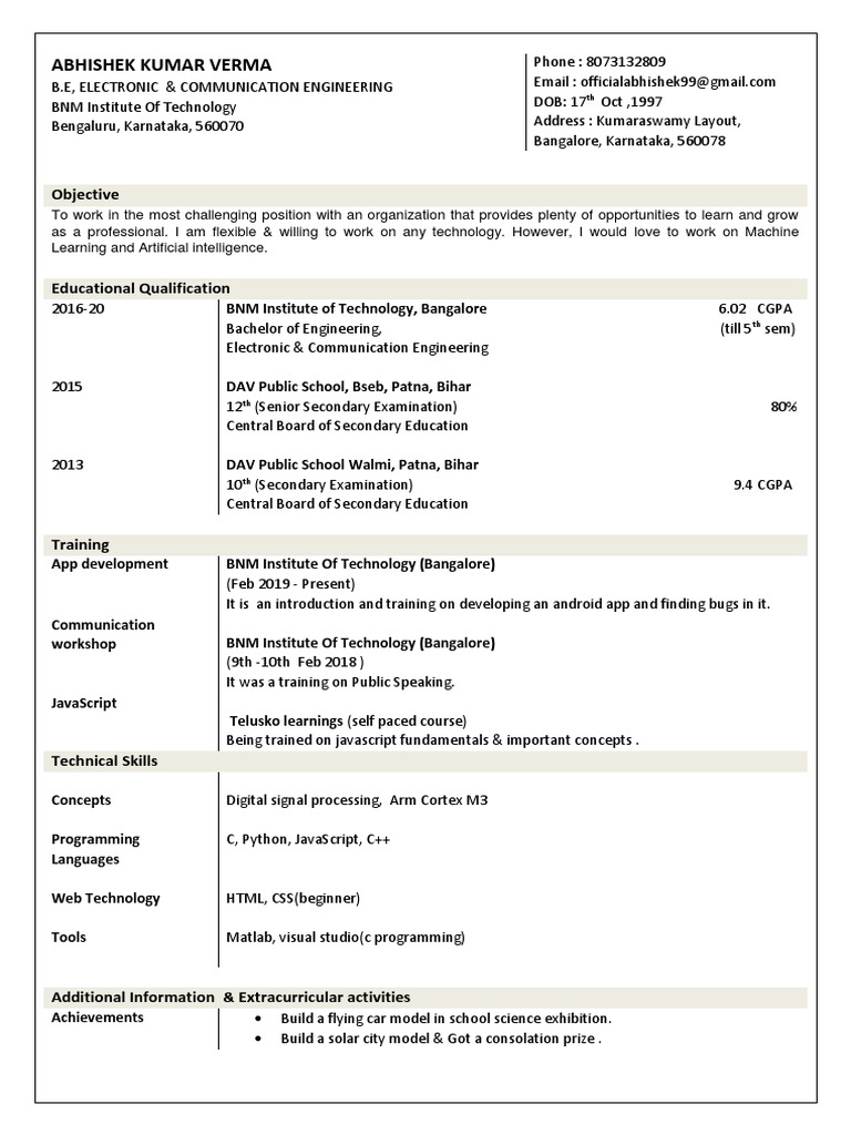 Abhishek Kumar Verma: Objective | PDF | Bangalore | Java Script