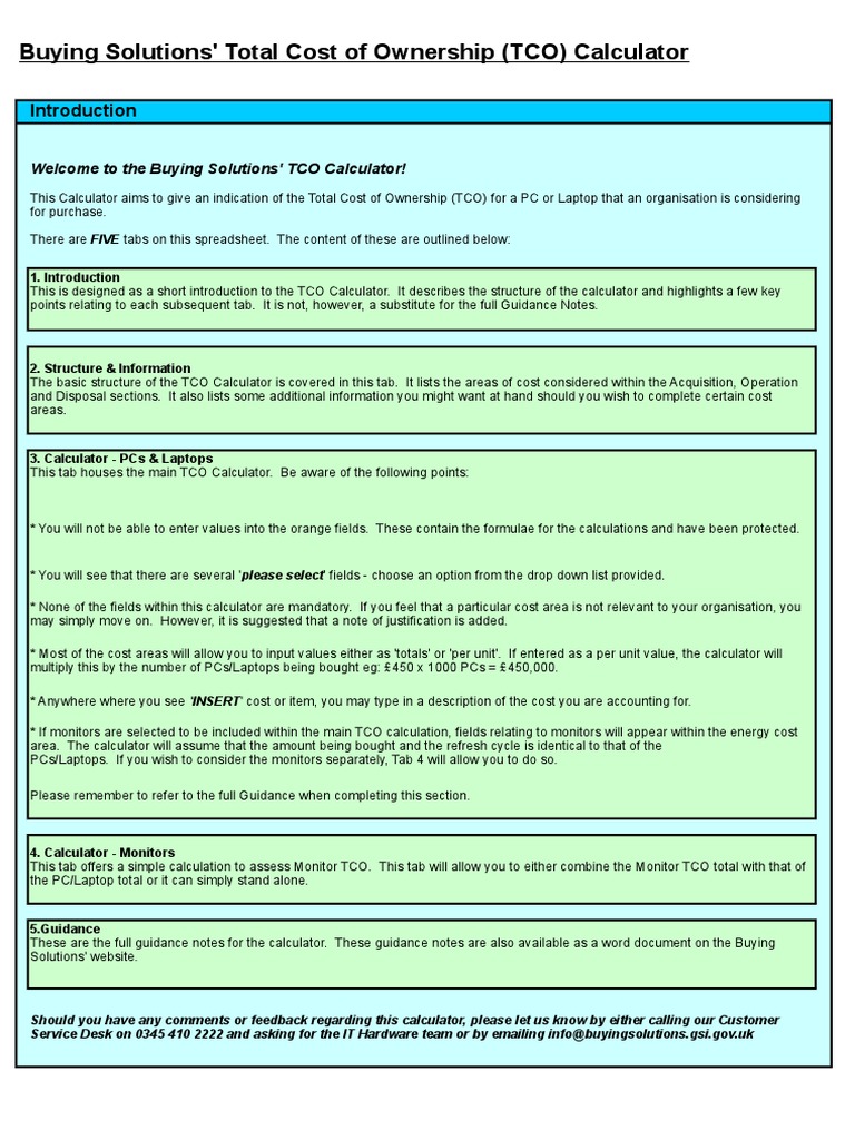 Buying Solutions' Total Cost of Ownership (TCO) Calculator | PDF ...