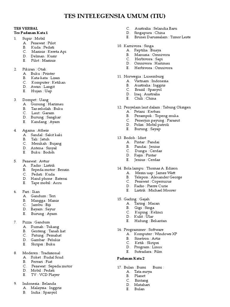 Tes Intelegensia Umum (Tiu) : Tes Verbal Tes Padanan Kata 1 | PDF
