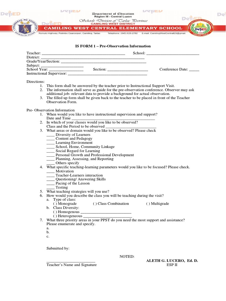 Pre-Observation - Post - Observation Information | PDF | Teachers ...
