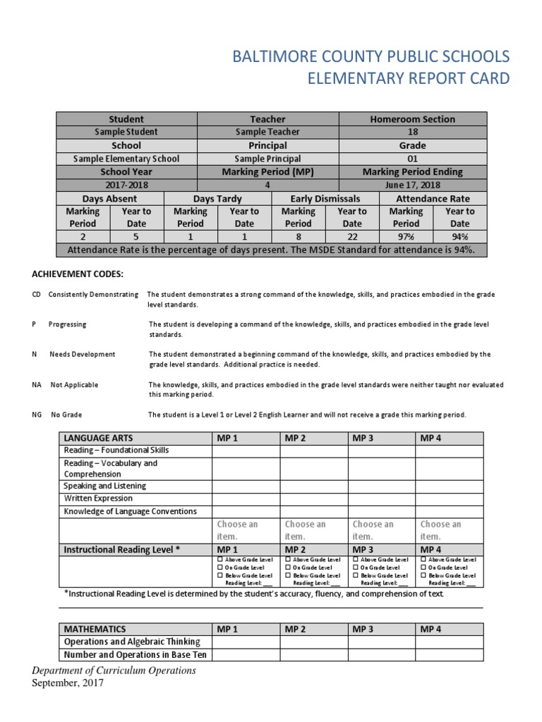 Baltimore County Public Schools Elementary Report Card | PDF ...