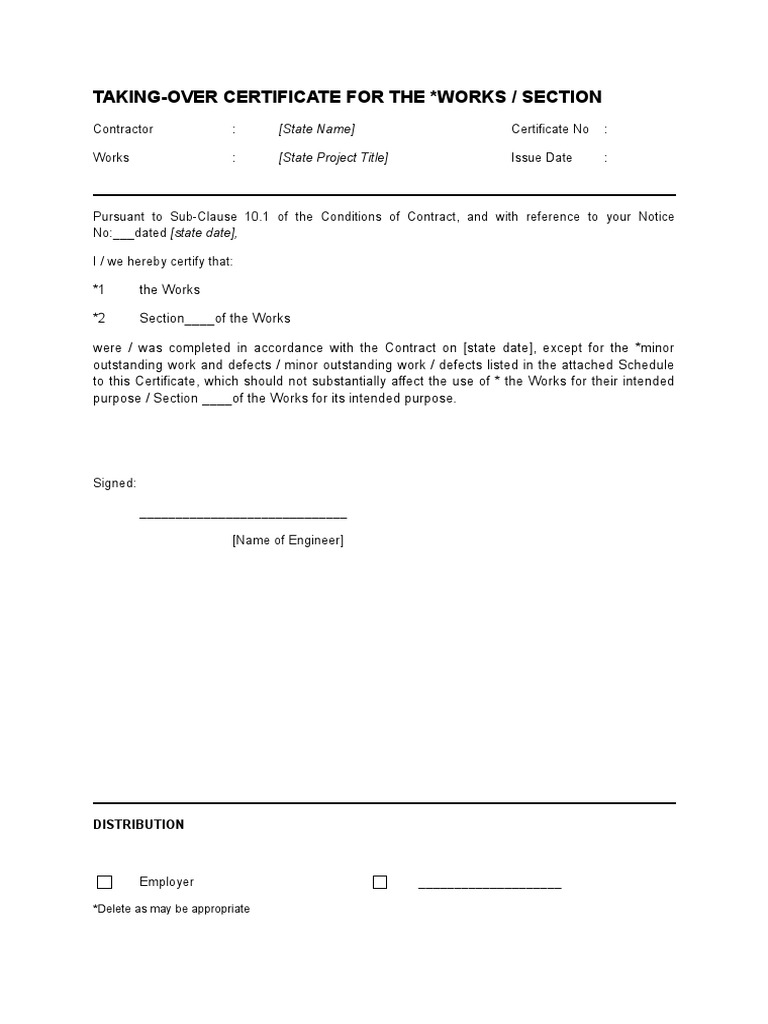 Sub-clause 10.1 - Taking-Over Certificate for the Works-Section ...
