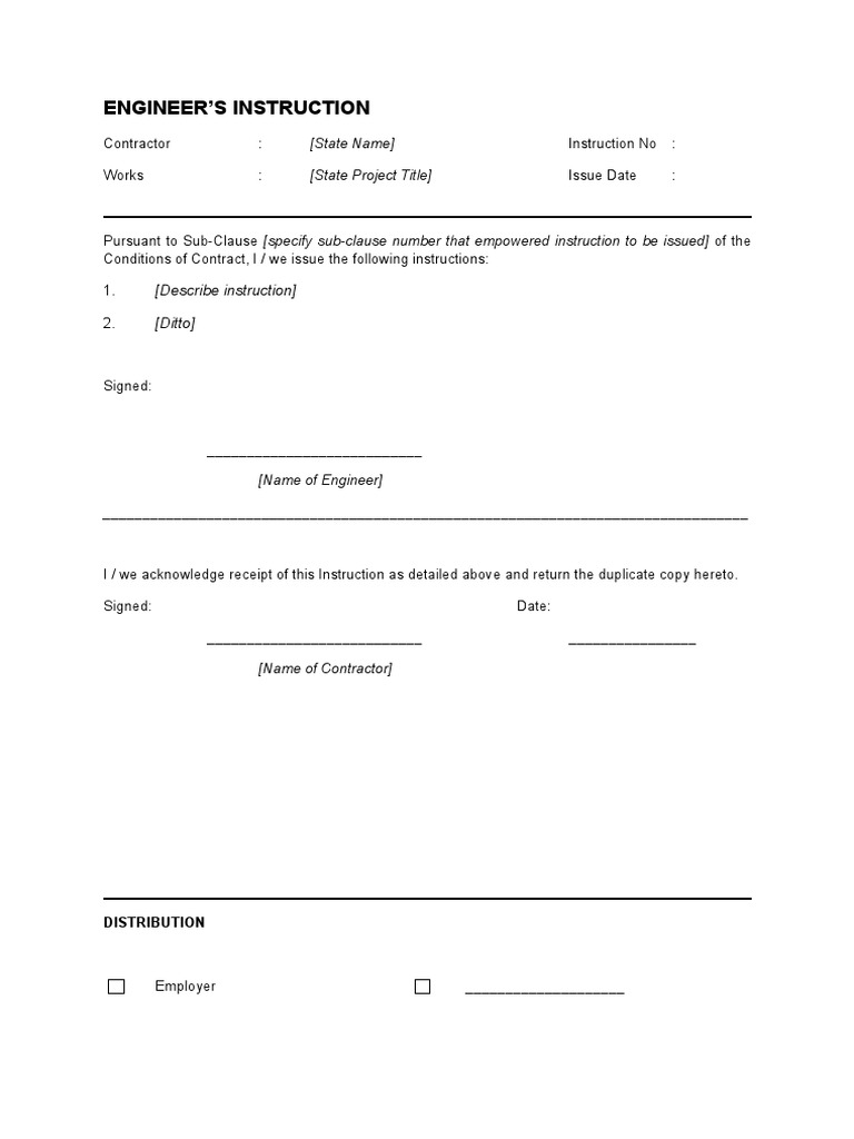 Engineer's Instruction for Variation Works on the [State Project Title ...