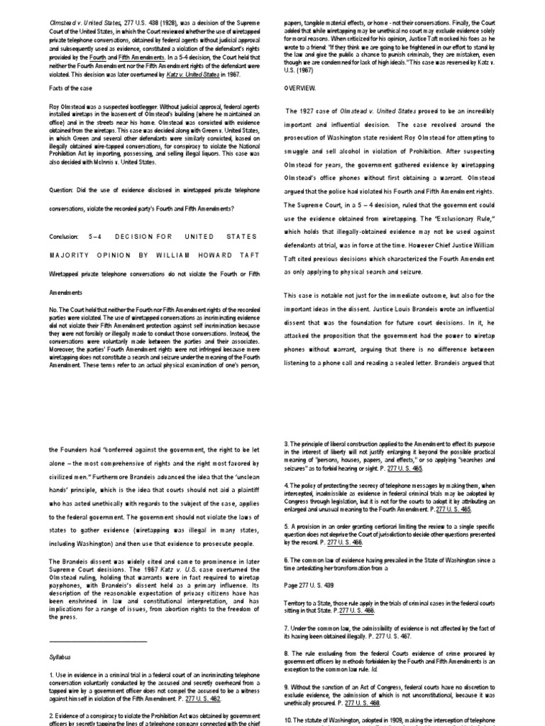 Olmstead v. United States, 277 U.S. 438 (1928), Was A Decision of The ...