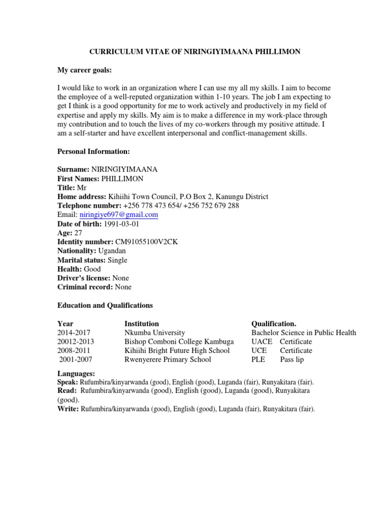 Niringiyimaana Phillimon Curriculum Vitae | PDF | Public Health ...