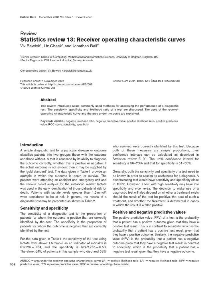 Statistics Review 13 Receiver Operating Characteristic Curves ...
