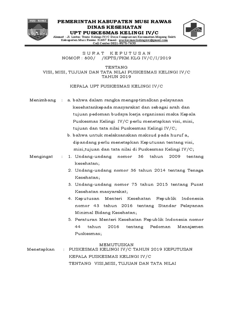 SK Visi Misi Tujuan Tata Nilai PKM Ivc | PDF