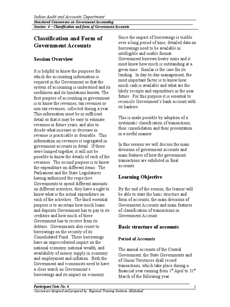 Classification and Form of Government Accounts of India | PDF ...
