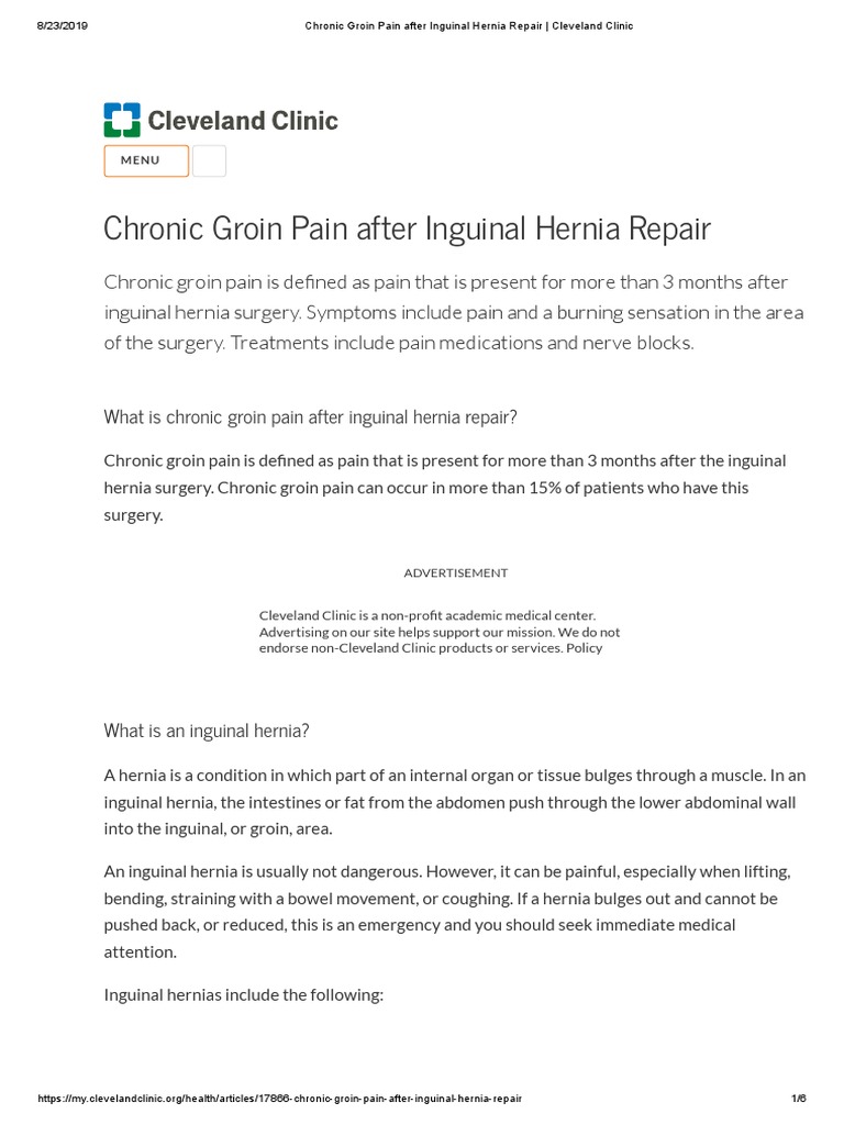 Chronic Groin Pain After Inguinal Hernia Repair - Cleveland Clinic ...