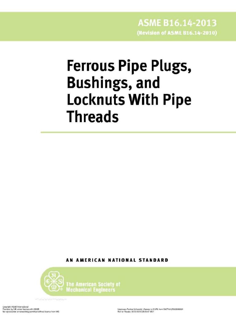 Asme b16.14 2013 Ferrous Pipe Plugs Bushings and Locknuts With Pipe ...
