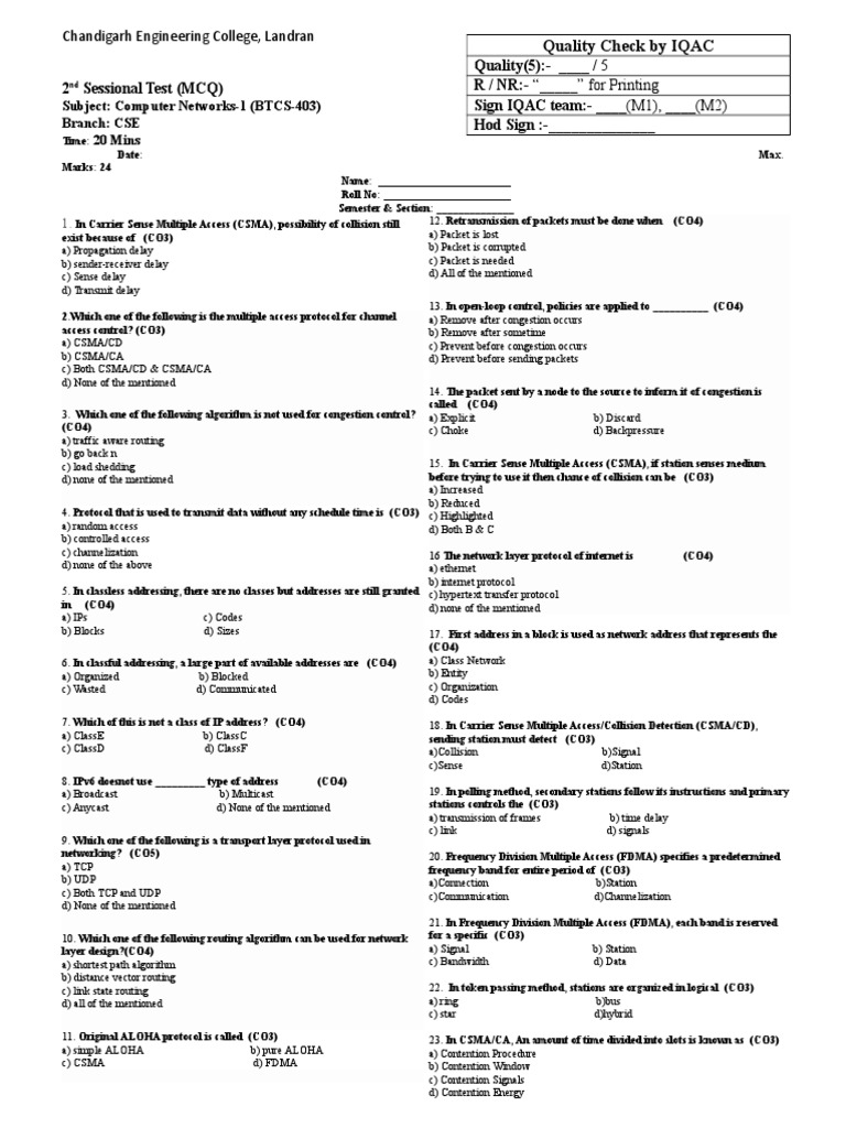 CN MCQ 2 Set A Recommended | PDF | Channel Access Method | Network Congestion