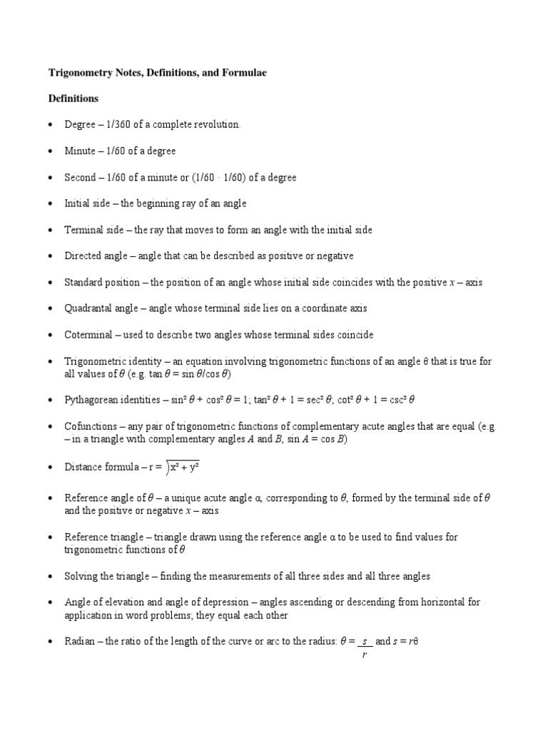 Trigonometry Notes, Definitions, and Formulae Definitions | PDF ...
