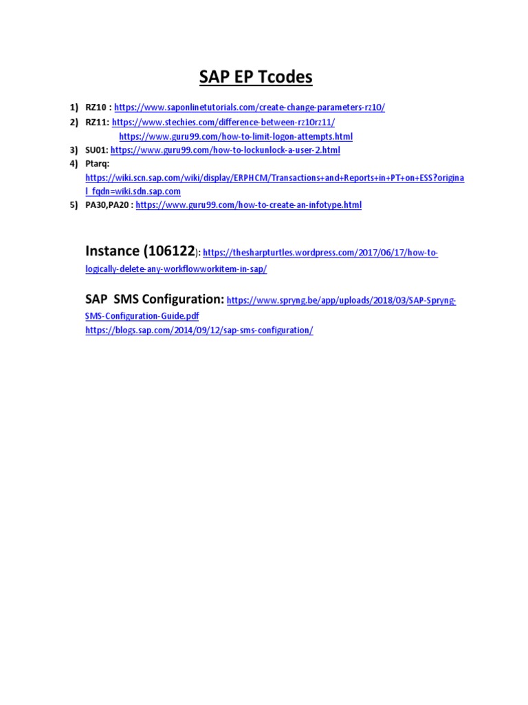 SAP EP Tcodes: Instance (106122 | PDF