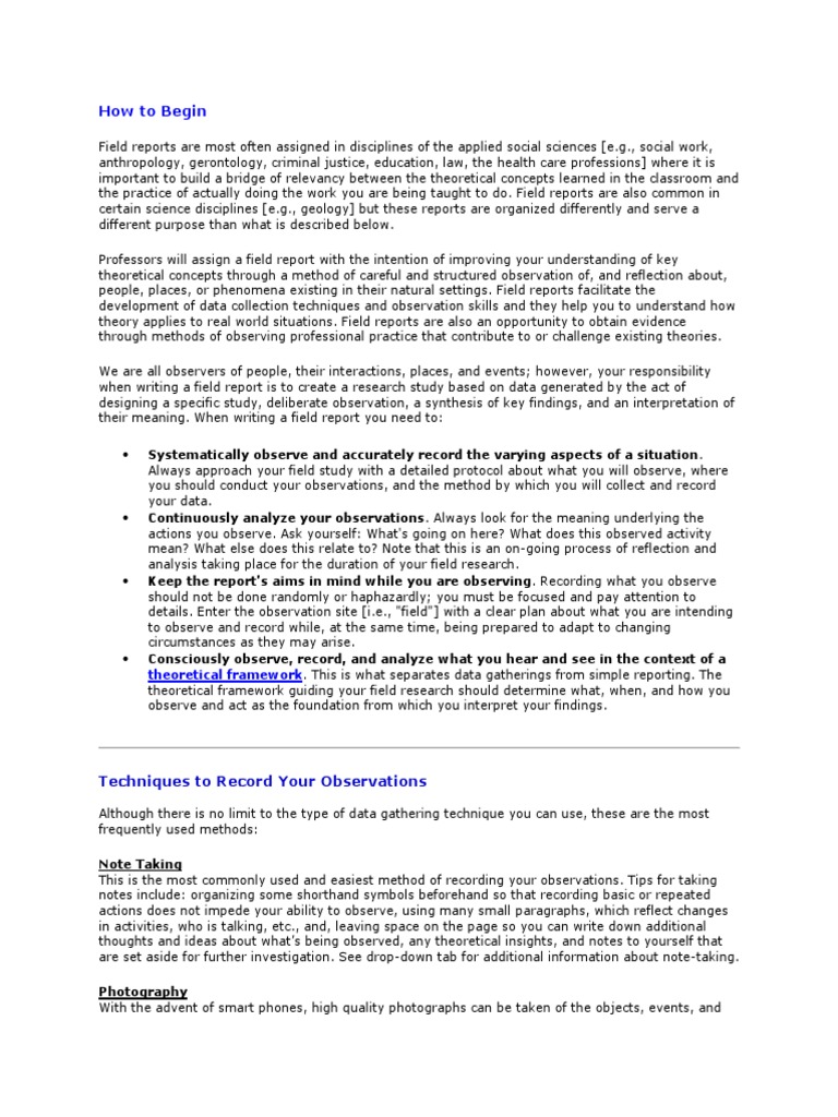 How To Begin Write Field NOte | PDF | Observation | Field Research