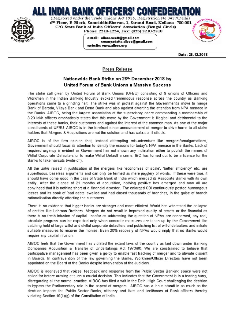 Press Release AIBOC-December 26, 2018 | PDF | Mergers And Acquisitions | Banks
