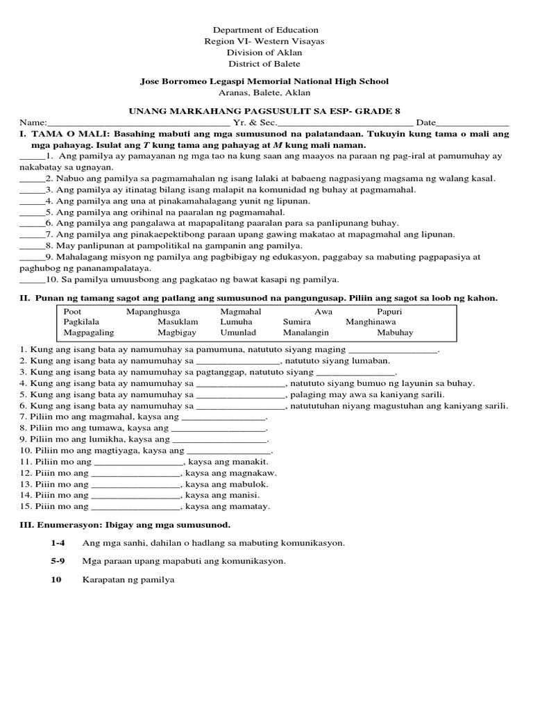 1st Grading-Esp 8 | PDF