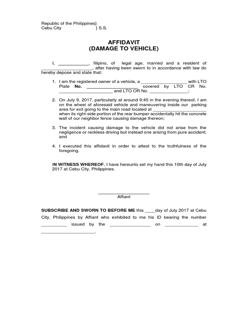 Affidavit Damage To Vehicle - Blank | PDF