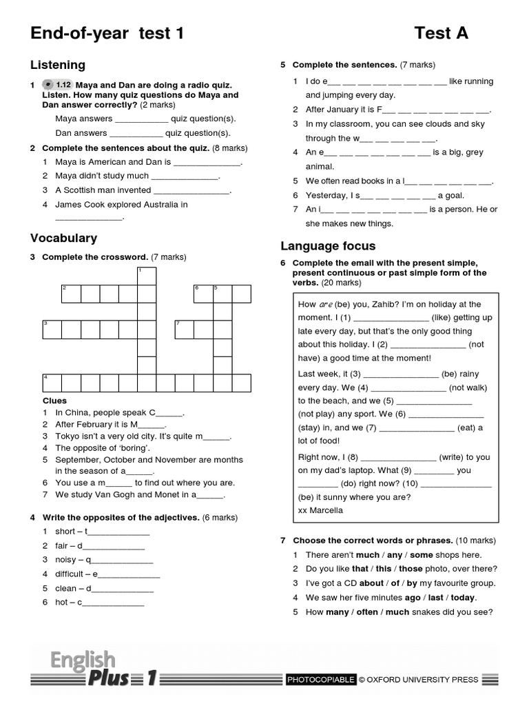 End-Of-Year Test 1 Test A: Listening | PDF | Question | Linguistics