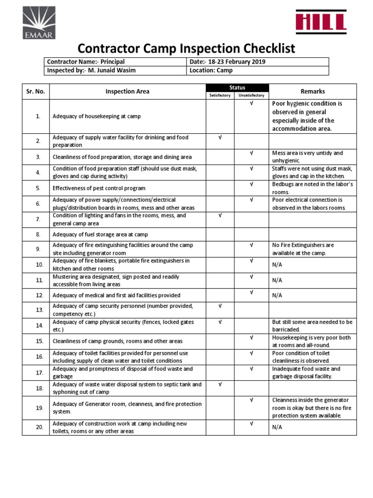 Contractor Camp Inspection Checklist | PDF | Toilet | Waste
