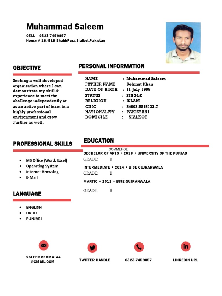 Muhammad Saleem: Objective Personal Information | PDF