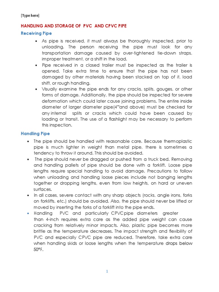 Handling and Storage of PVC and CPVC Pipe | PDF | Polyvinyl Chloride ...