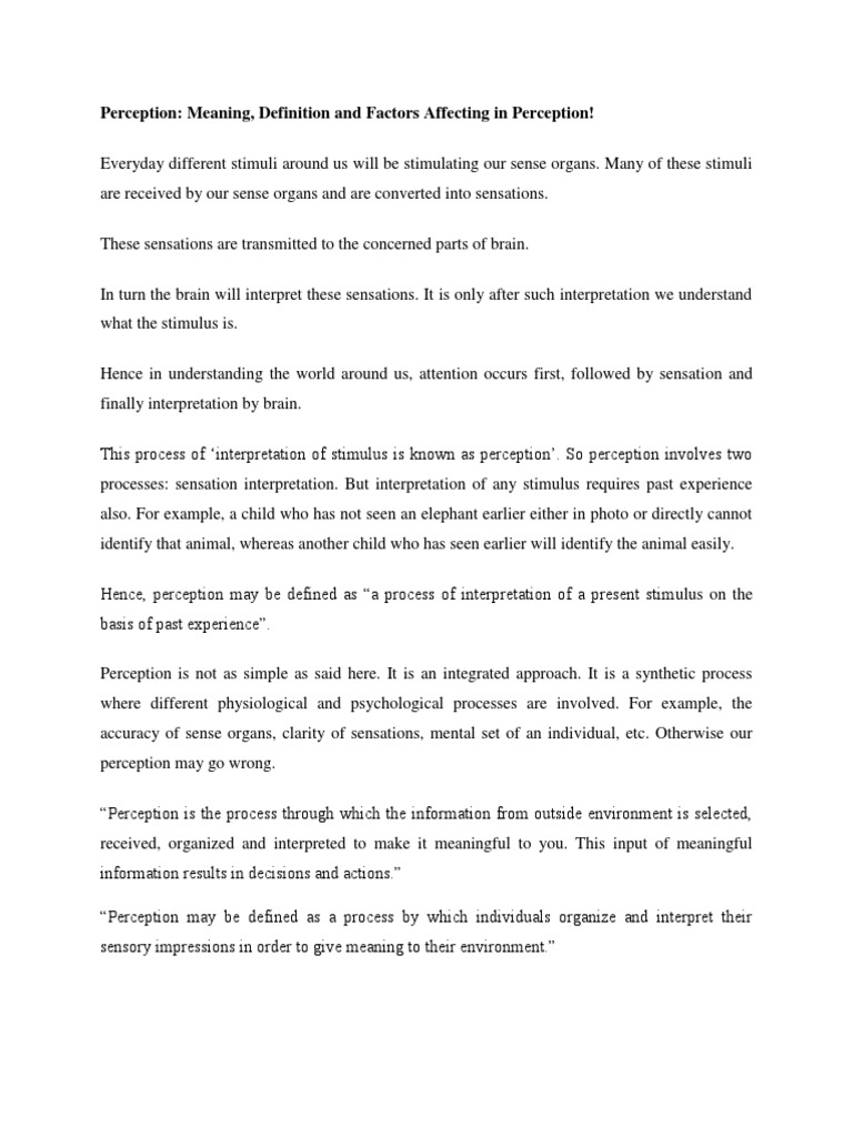 Perception: Meaning, Definition and Factors Affecting in Perception! | PDF | Senses | Perception