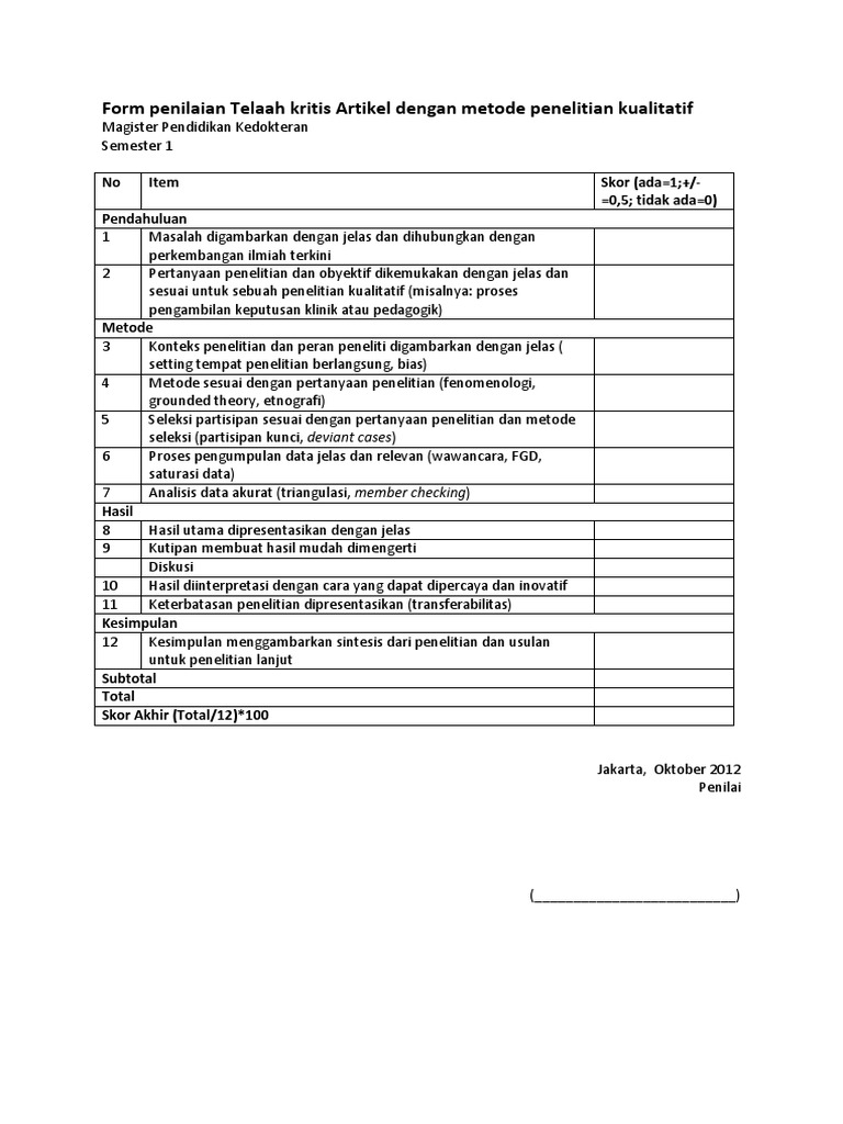 Form Penilaian Telaah Kritis Artikel Dengan Metode Penelitian Kualitatif | PDF