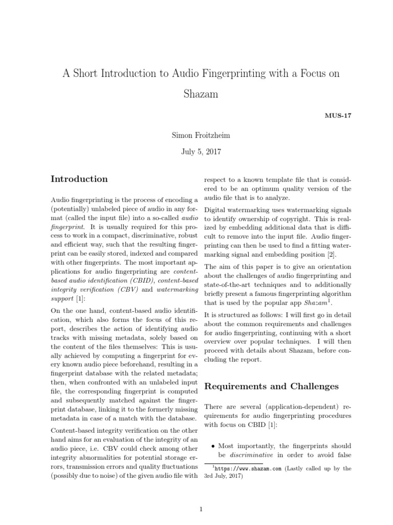 A Short Introduction To Audio Fingerprinting With A Focus On Shazam | PDF | Fingerprint ...