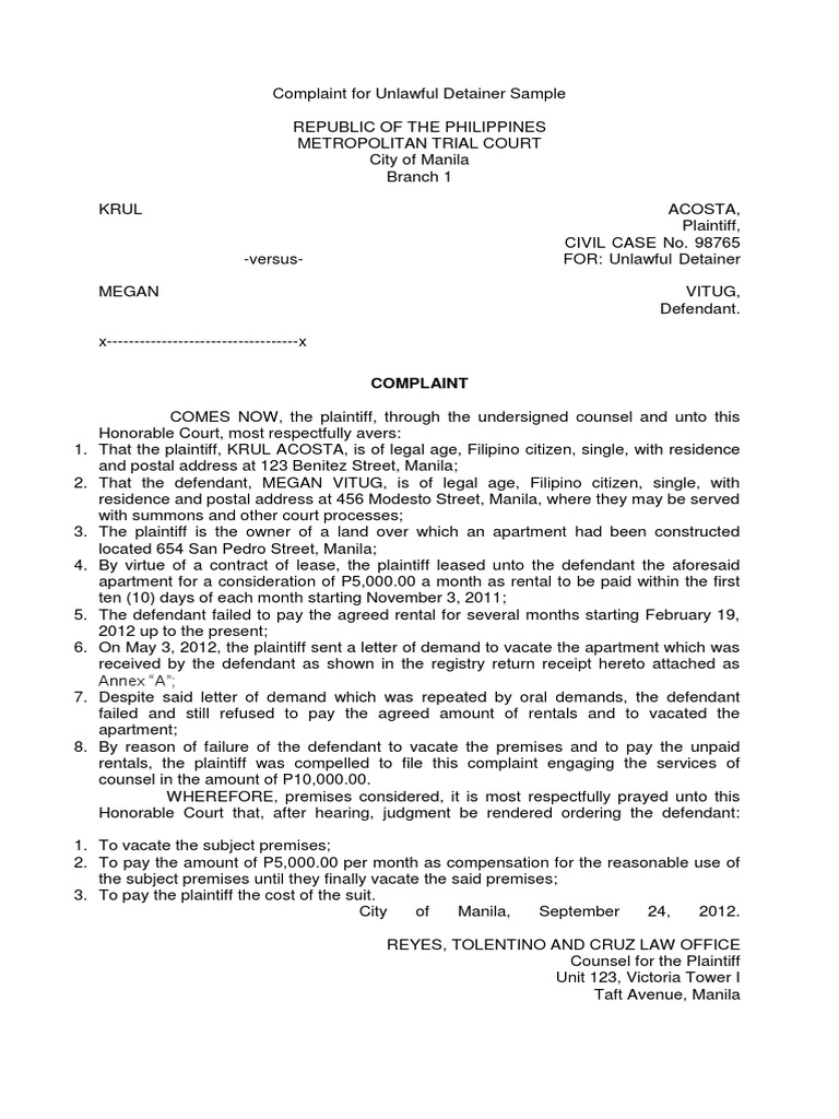 Complaint For Unlawful Detainer Sample | PDF | Testimony | Murder