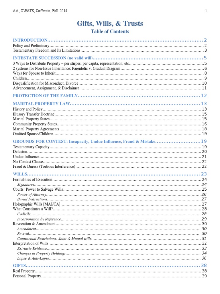 Gifts Wills and Trusts Outline | PDF | Probate | Intestacy