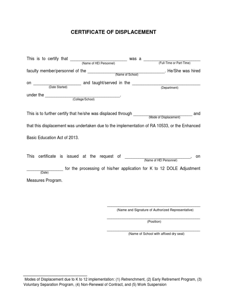 Certificate of Displacement | PDF