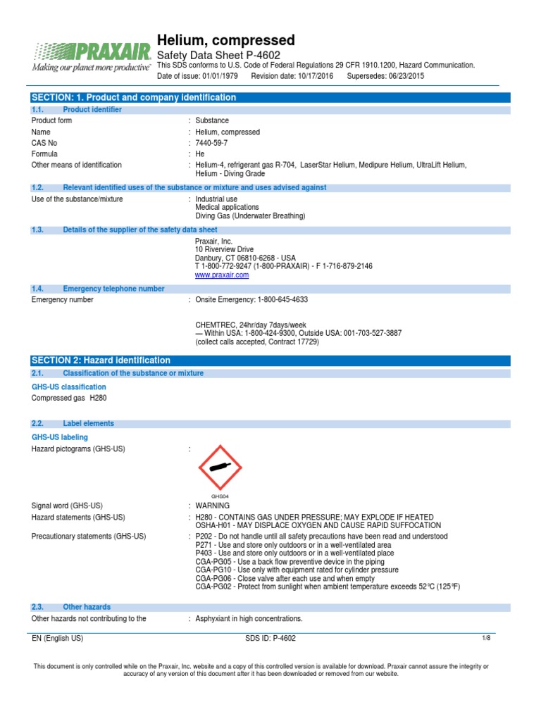 Helium, Compressed: Safety Data Sheet P-4602 | PDF