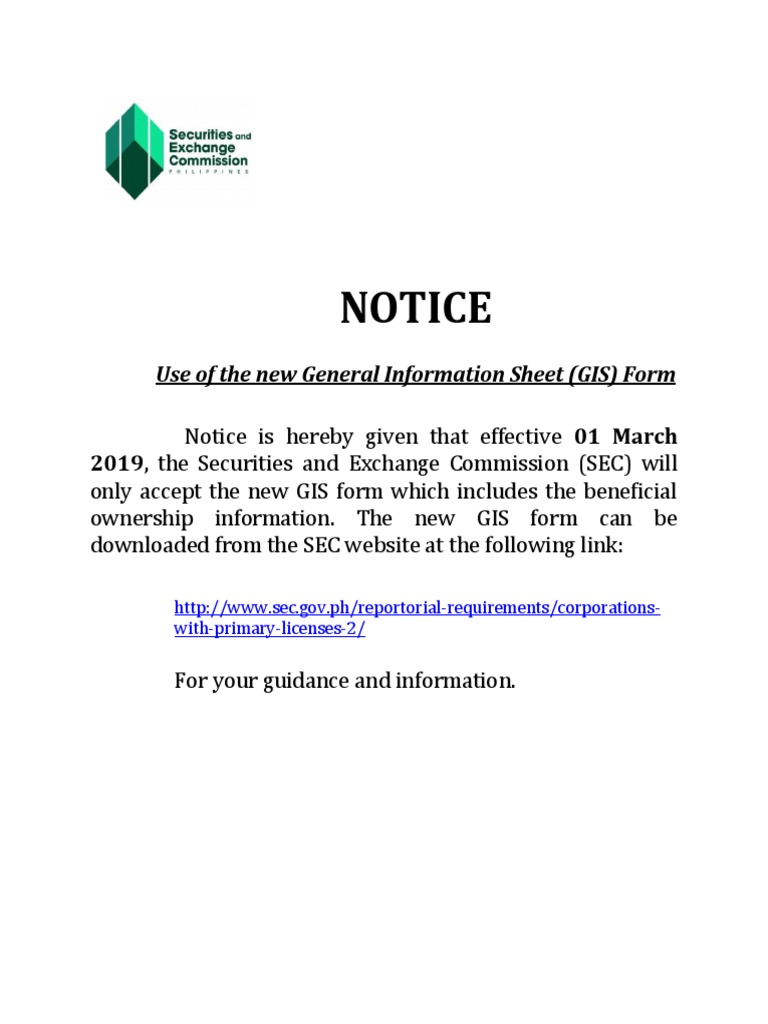 Notice: Use of The New General Information Sheet (GIS) Form | PDF