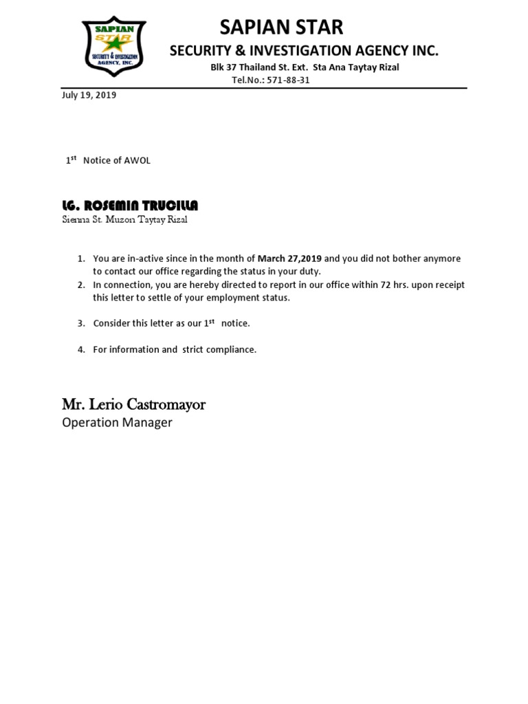 Awol Letter 1st | PDF | Unrest