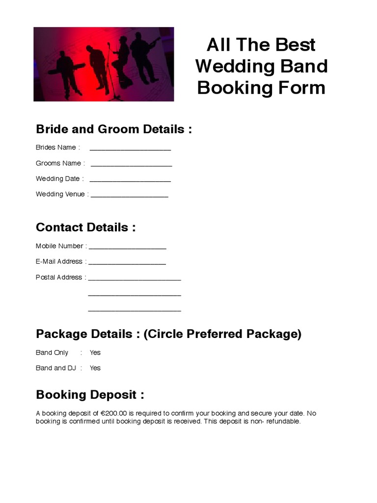 All The Best Wedding Band Booking Form !: Bride and Groom Details: ! | PDF