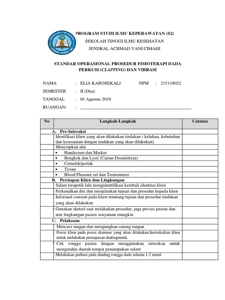 STANDAR OPERASIONAL PROSEDUR FISIOTERAPI DADA PERKUSI (CLAPPING) DAN ...