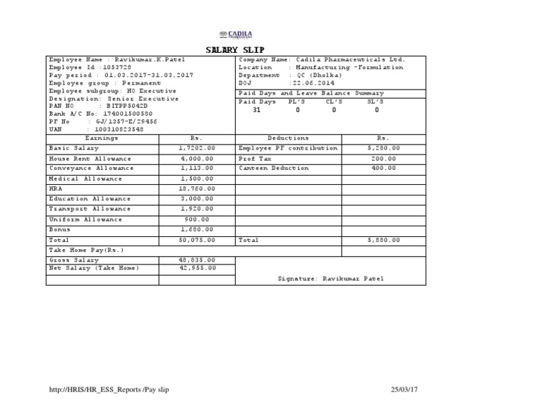 Salary Slip: Signature: Ravikumar Patel | PDF
