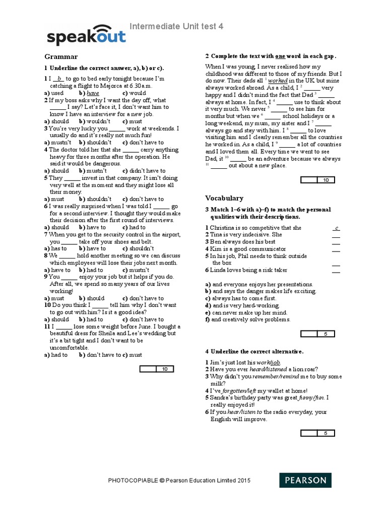 Intermediate Unit Test 4: Grammar | PDF | Language Arts & Discipline